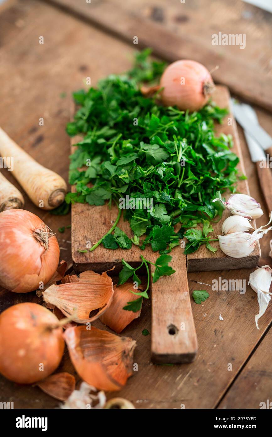 Ingredients for homemade soup concentrate Stock Photo - Alamy