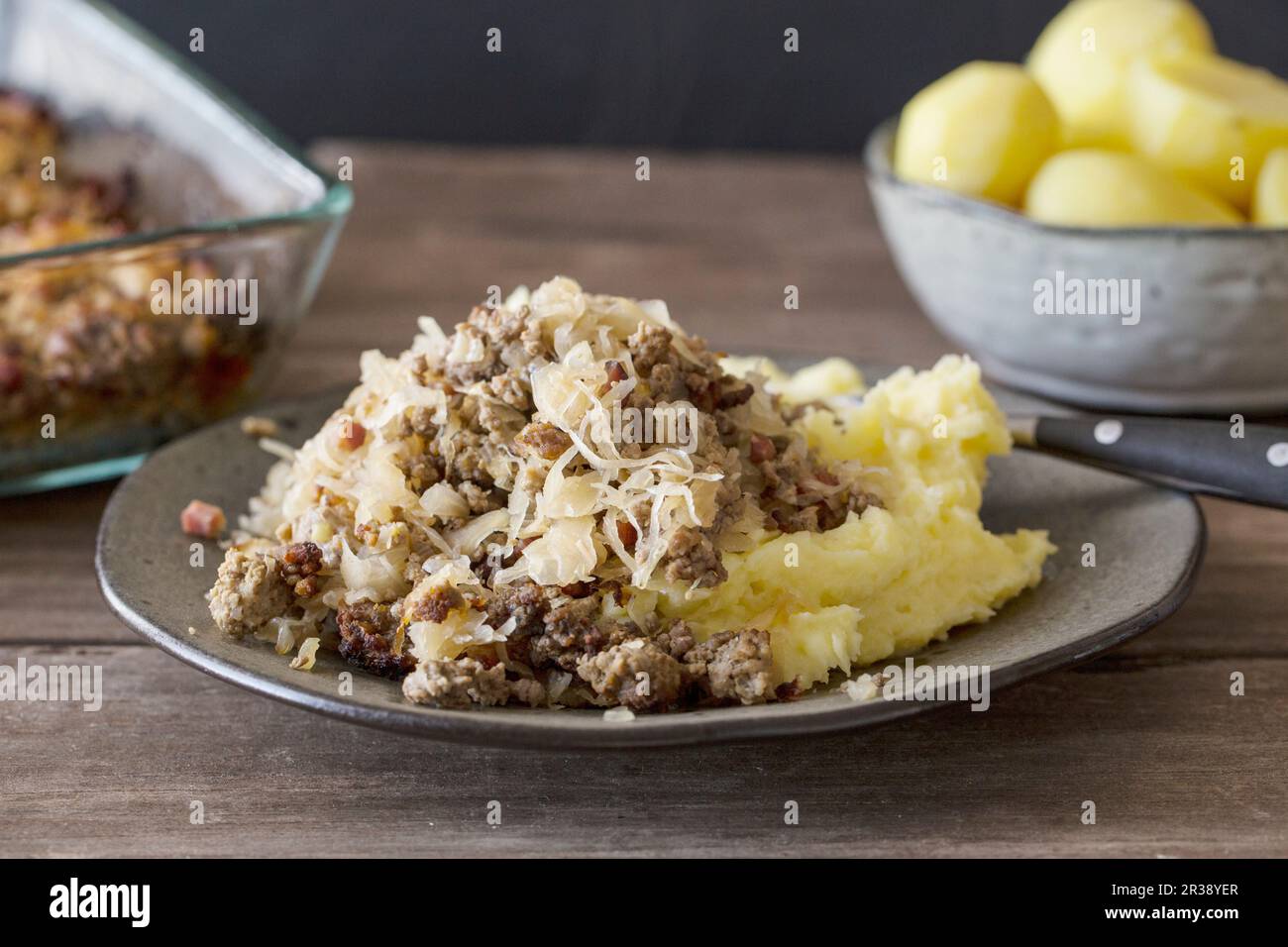 Alsace bake made from sauerkraut, bacon and minced meat with mashed ...