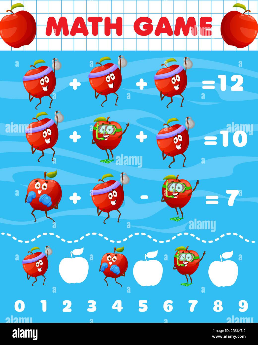 Cheerful cartoon red apple characters, math game worksheet. Vector ...