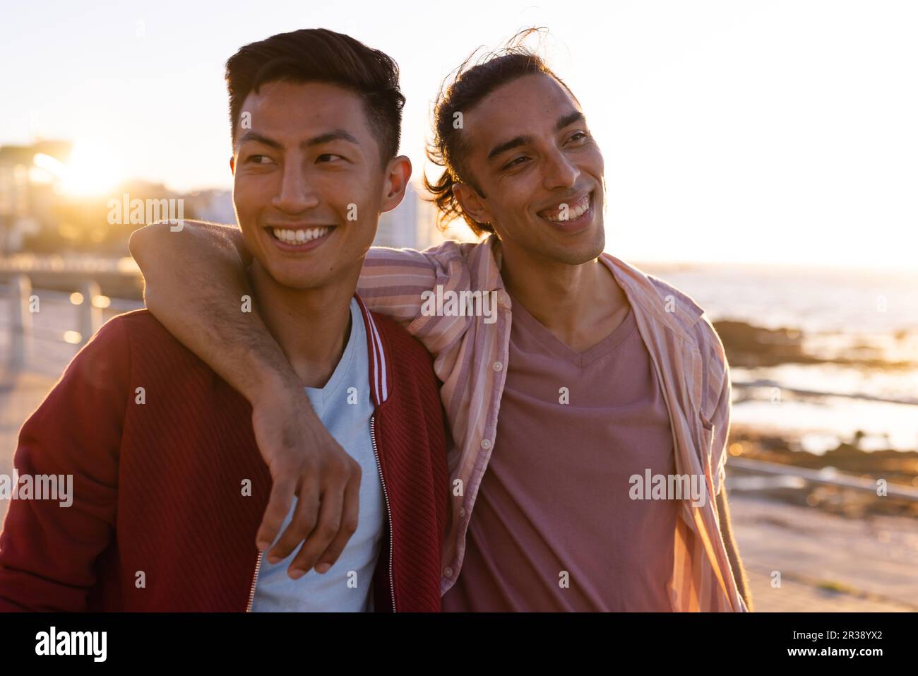 Happy biracial gay male couple walking and embracing on promenade by ...