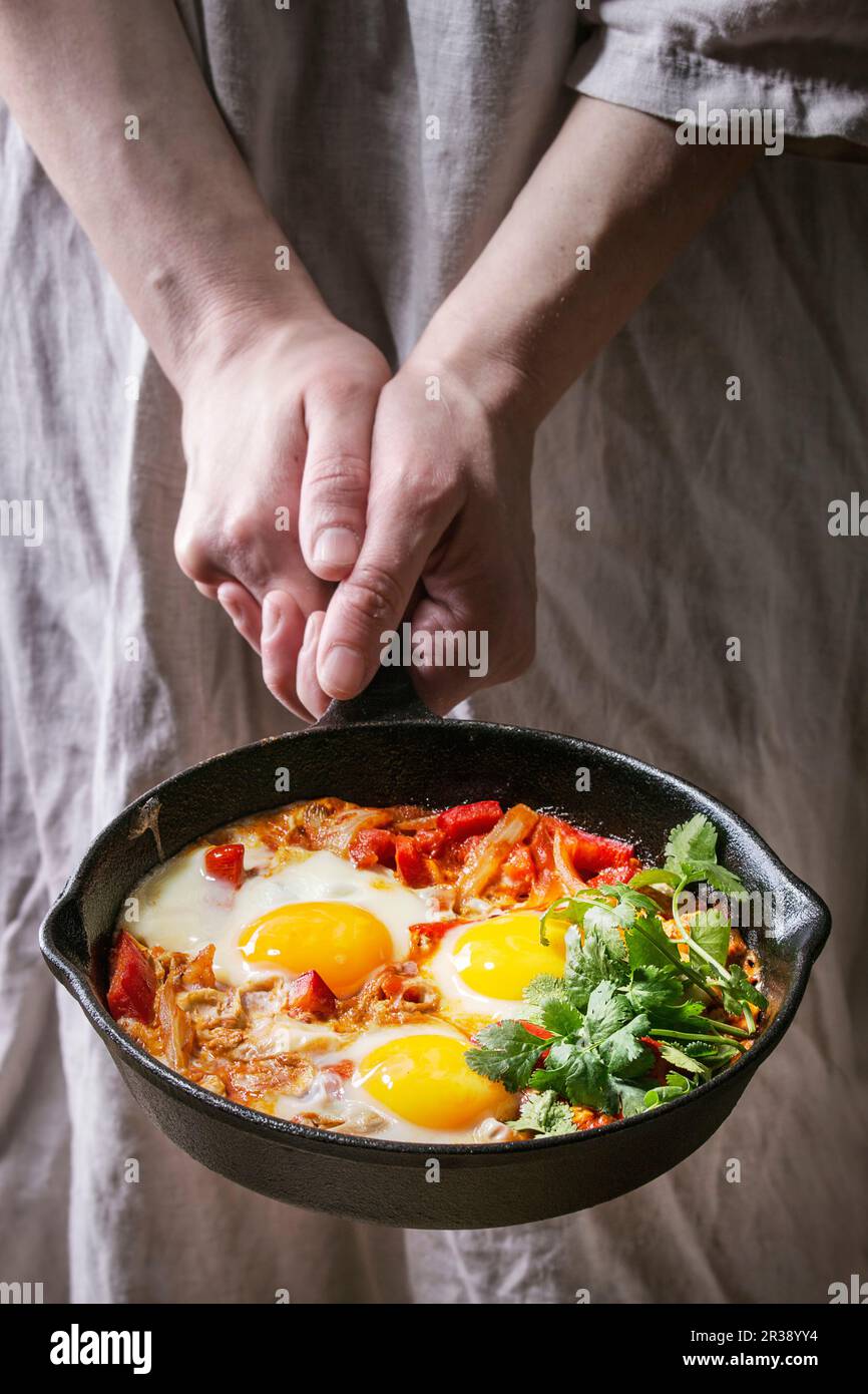 Traditional Israeli Cuisine dishes Shakshuka (Fried egg with vegetables ...