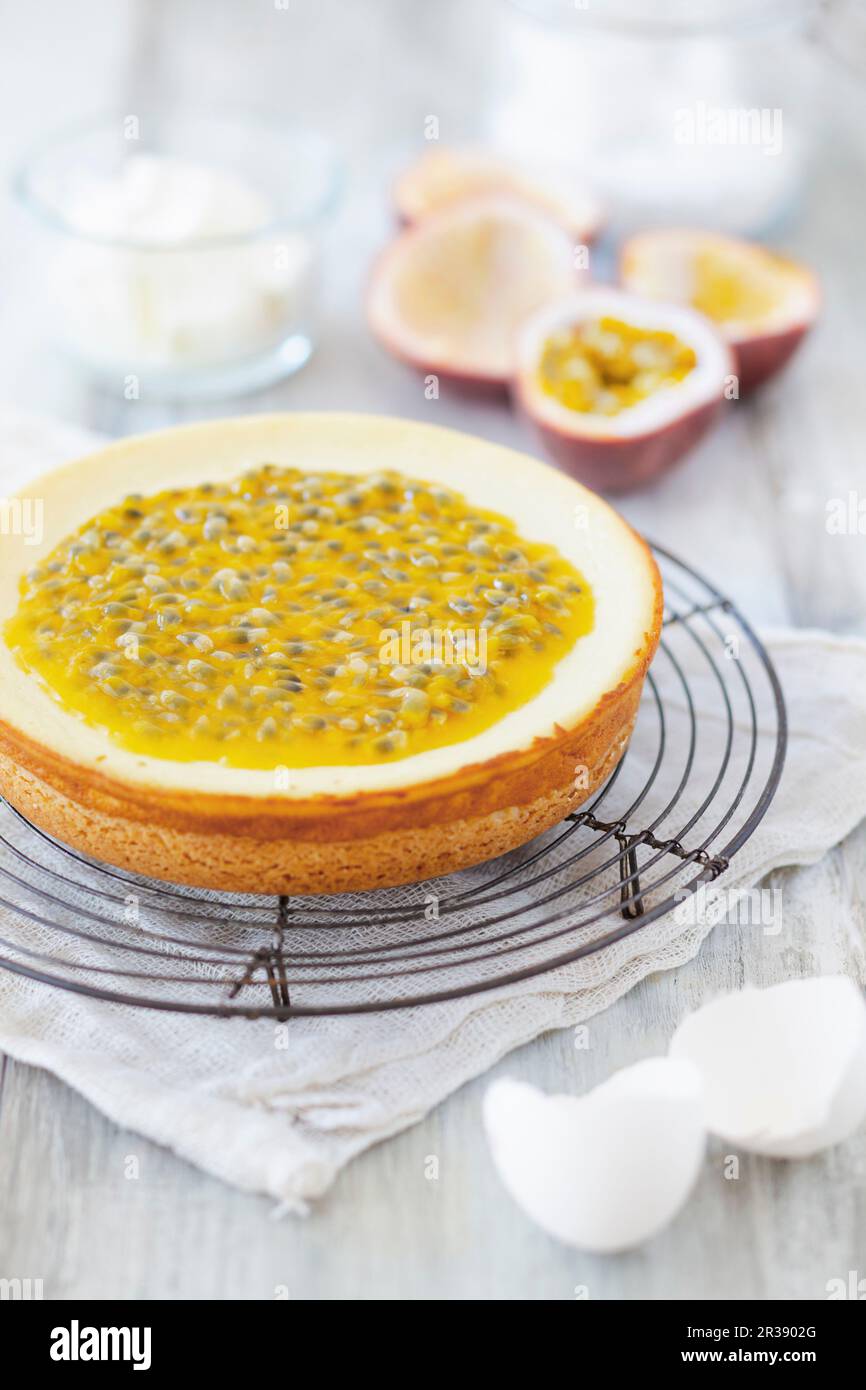 Cheesecake with passion fruit on a wire rack, and various baking ...