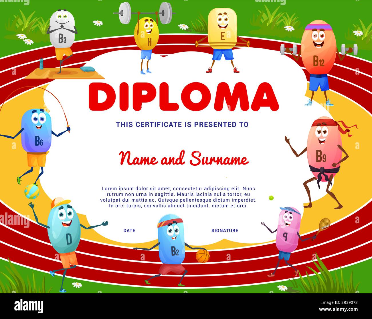 Kids diploma, cartoon vitamin characters on sport arena, vector ...