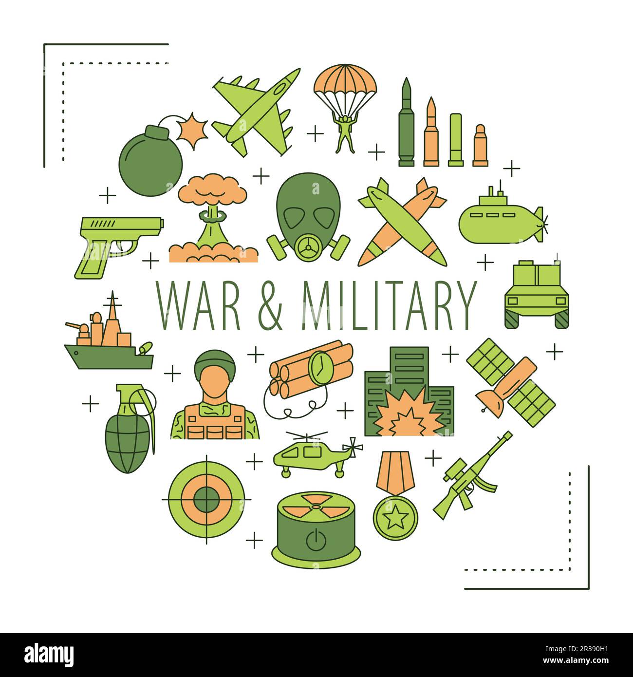 War and military round concept banner in colored line style. Army and ...