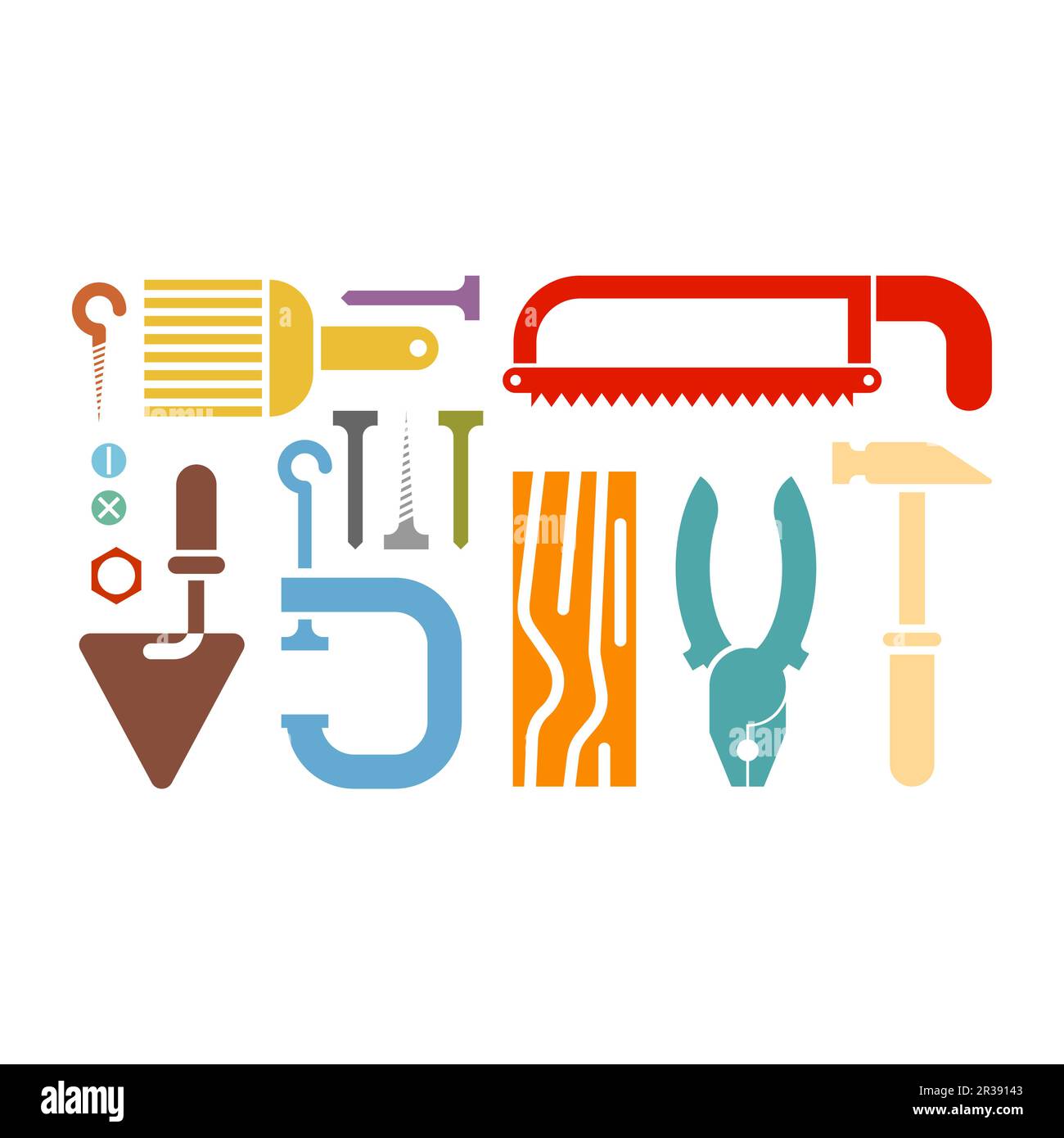 Tools set: saw and brush, hammers, pliers. Trowel and clamp Stock ...