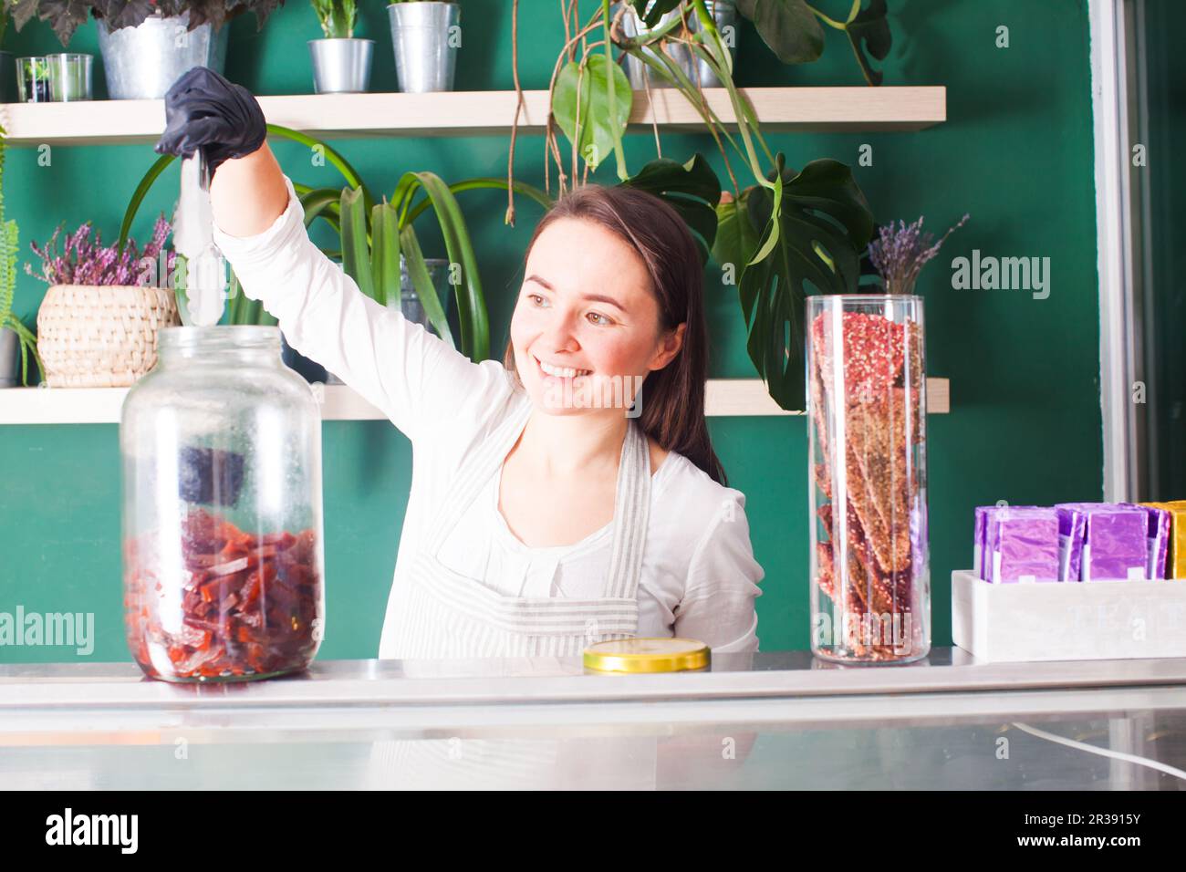Showcase in the raw vegan eating shop with fruit paste Stock Photo - Alamy