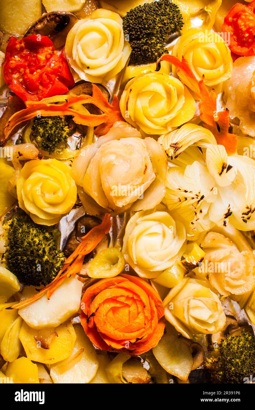 Carved vegetables and fat after baking, top view Stock Photo - Alamy