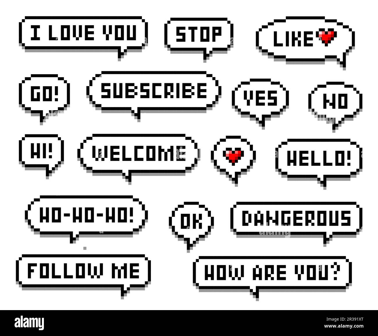 Pixel speech bubble messages. Like, subscribe, follow social media web ... Pixel speech bubble messages. Like, subscribe, follow social media web ...