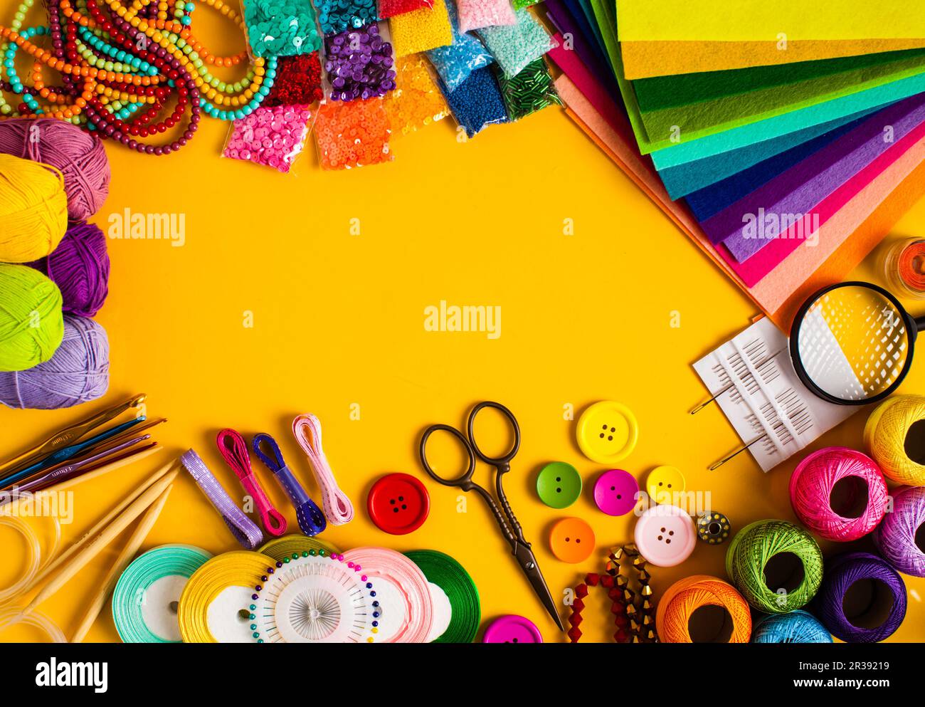 Diy craft supplies top view, frame for design Stock Photo - Alamy