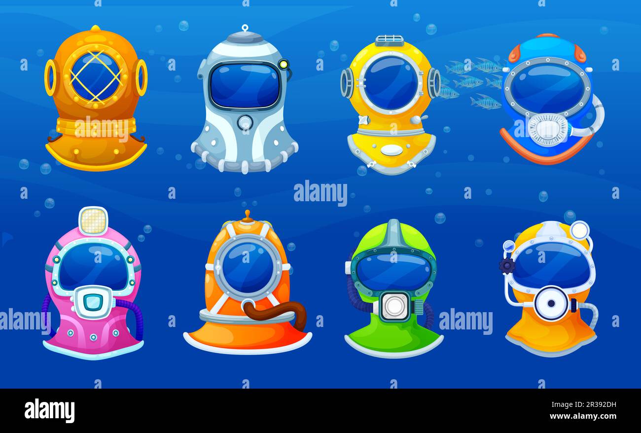 Cartoon diver helmets or underwater aqualung masks, vector photo booth ...