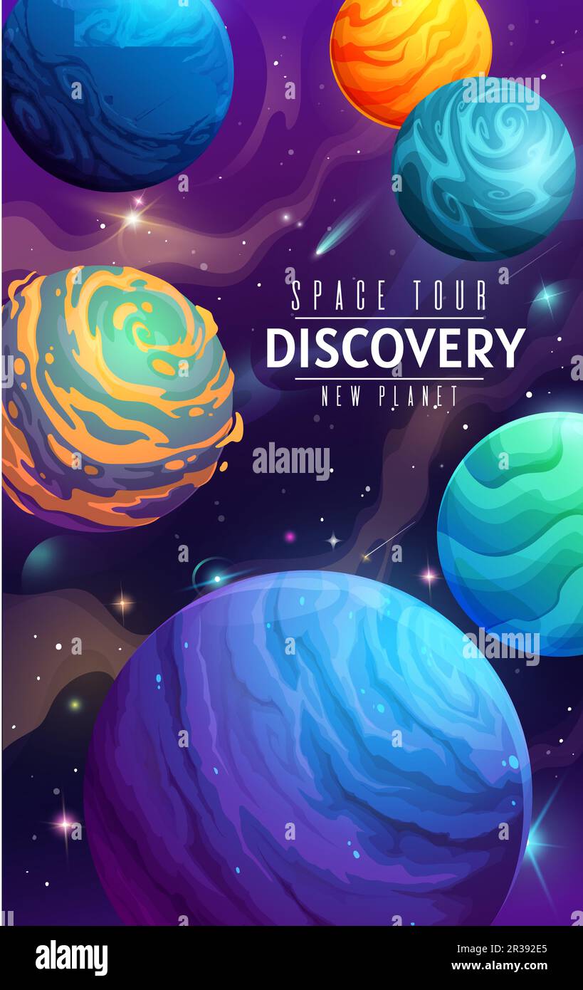 Cartoon galaxy, outer space alien planets poster. Galaxy travel, cosmos ...