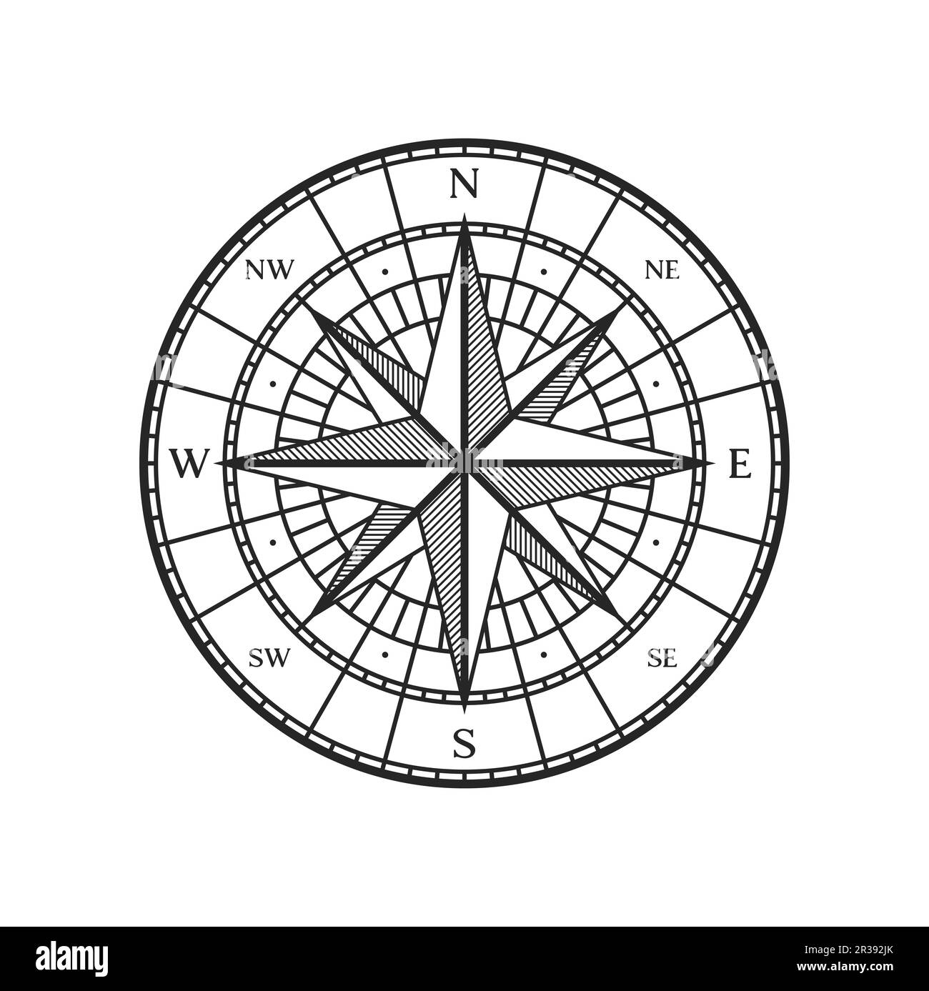 Old compass, vintage map wind rose vector icon with north and east star ...