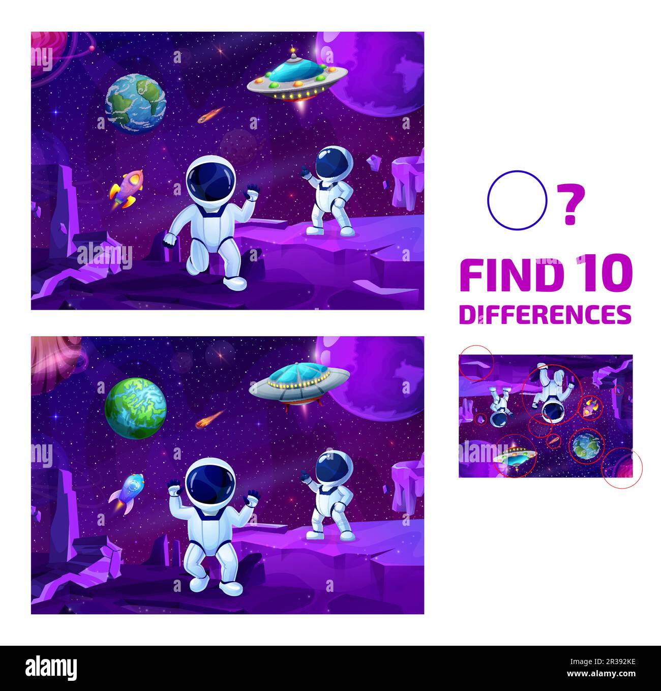 Find ten differences on space landscape with astronauts and galaxy ... Find ten differences on space landscape with astronauts and galaxy ...