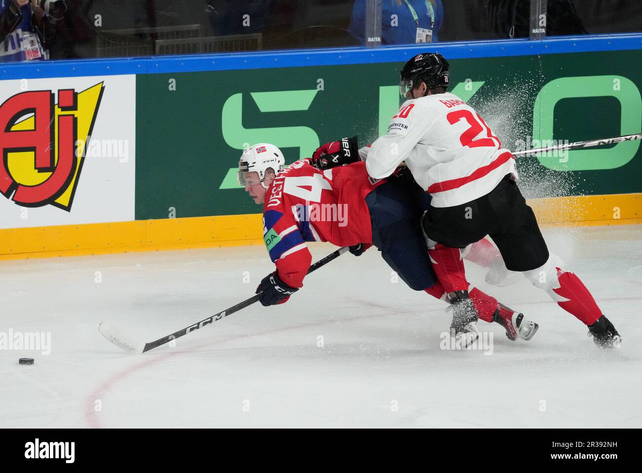 Riga, Latvia. 22nd May, 2023. Canada's defenseman Justin Barron (R ...