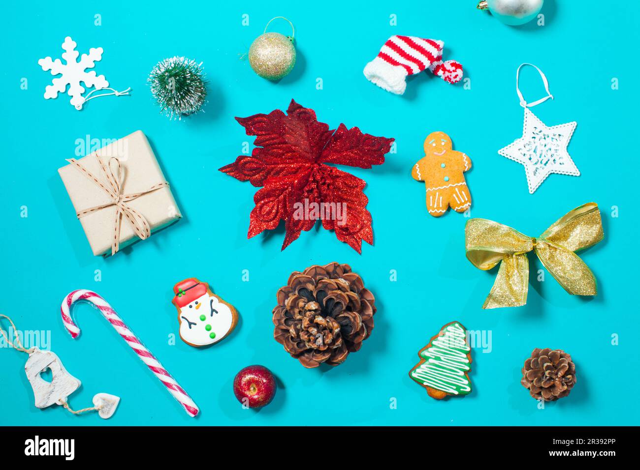 Christmas decorations top view on the blue background Stock Photo - Alamy