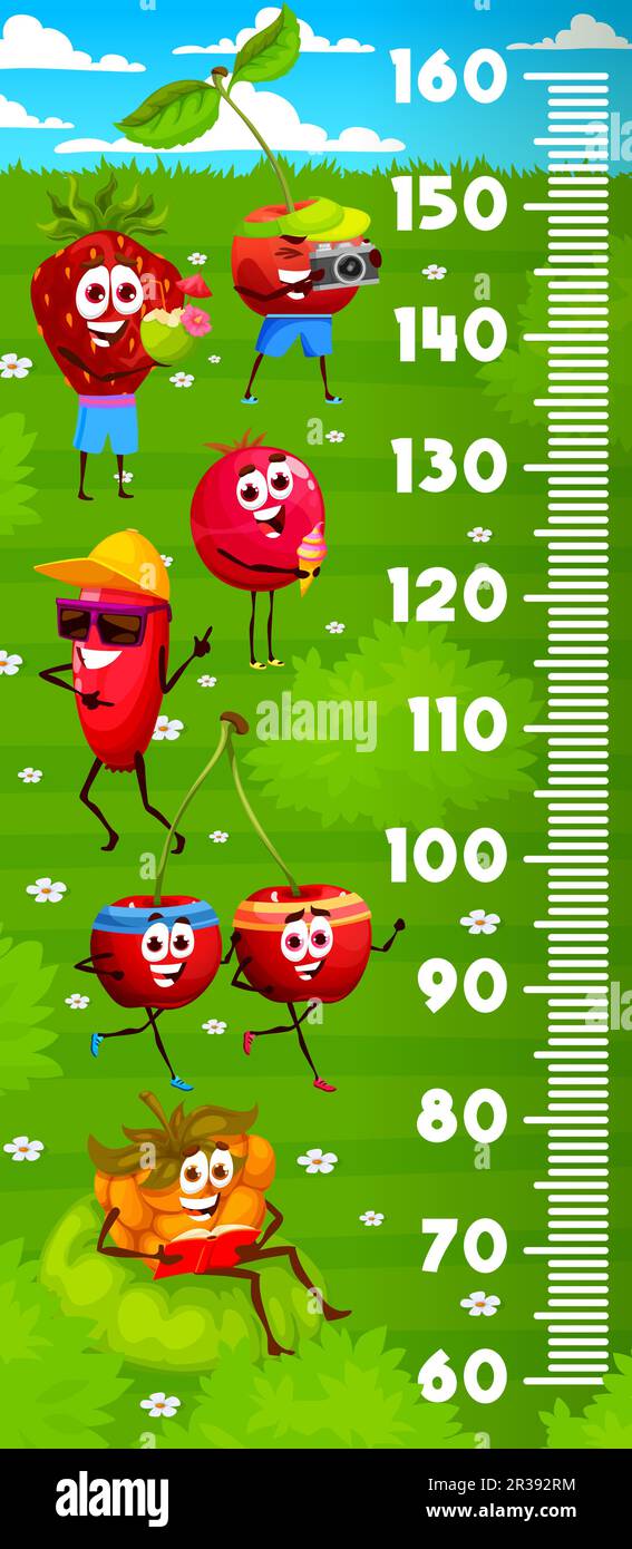 Kids height chart cartoon berry characters on summer meadow. Kids ...
