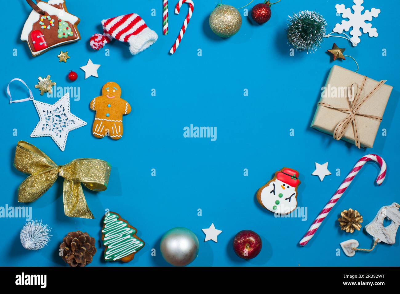 Christmas decorations top view on the blue background Stock Photo - Alamy