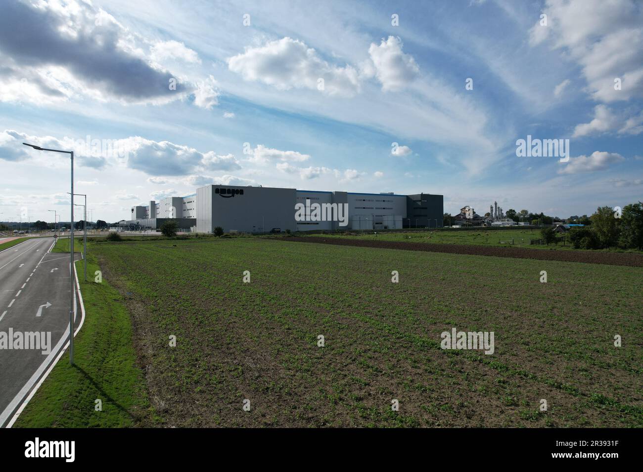 Aerial view of distribution center, drone photo of industrial logistics ...