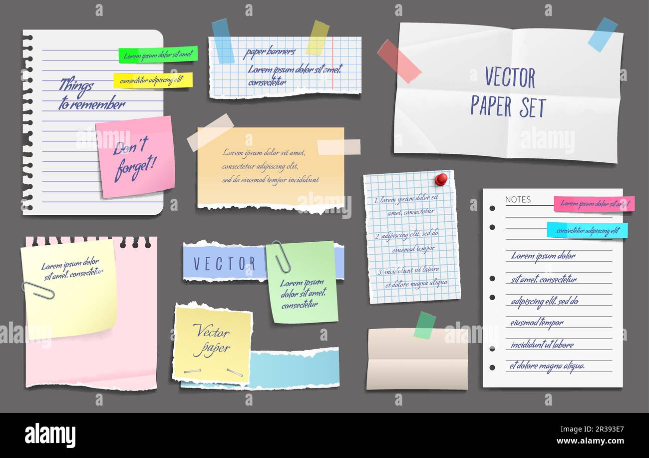 Paper notes, stickers, sticky sheets and tape. To do list empty paper ...