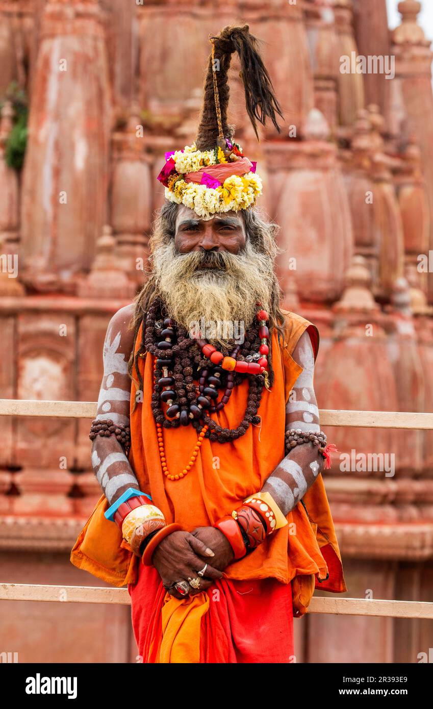 Portrait of a Sadhu in traditional dress against the background of an ...