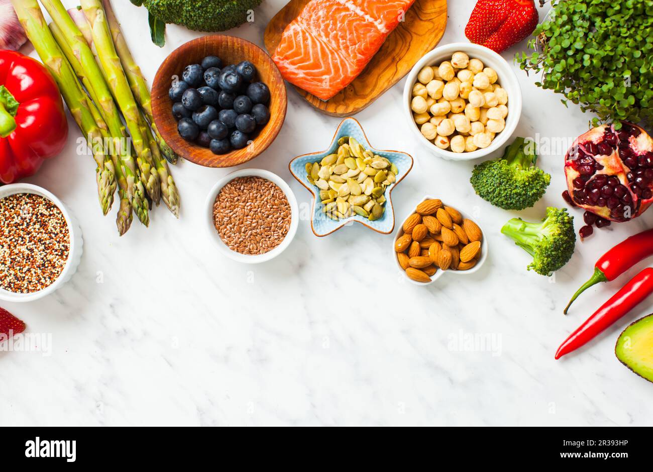 Superfoods on white background. Healthy nutrition top view Stock Photo ...