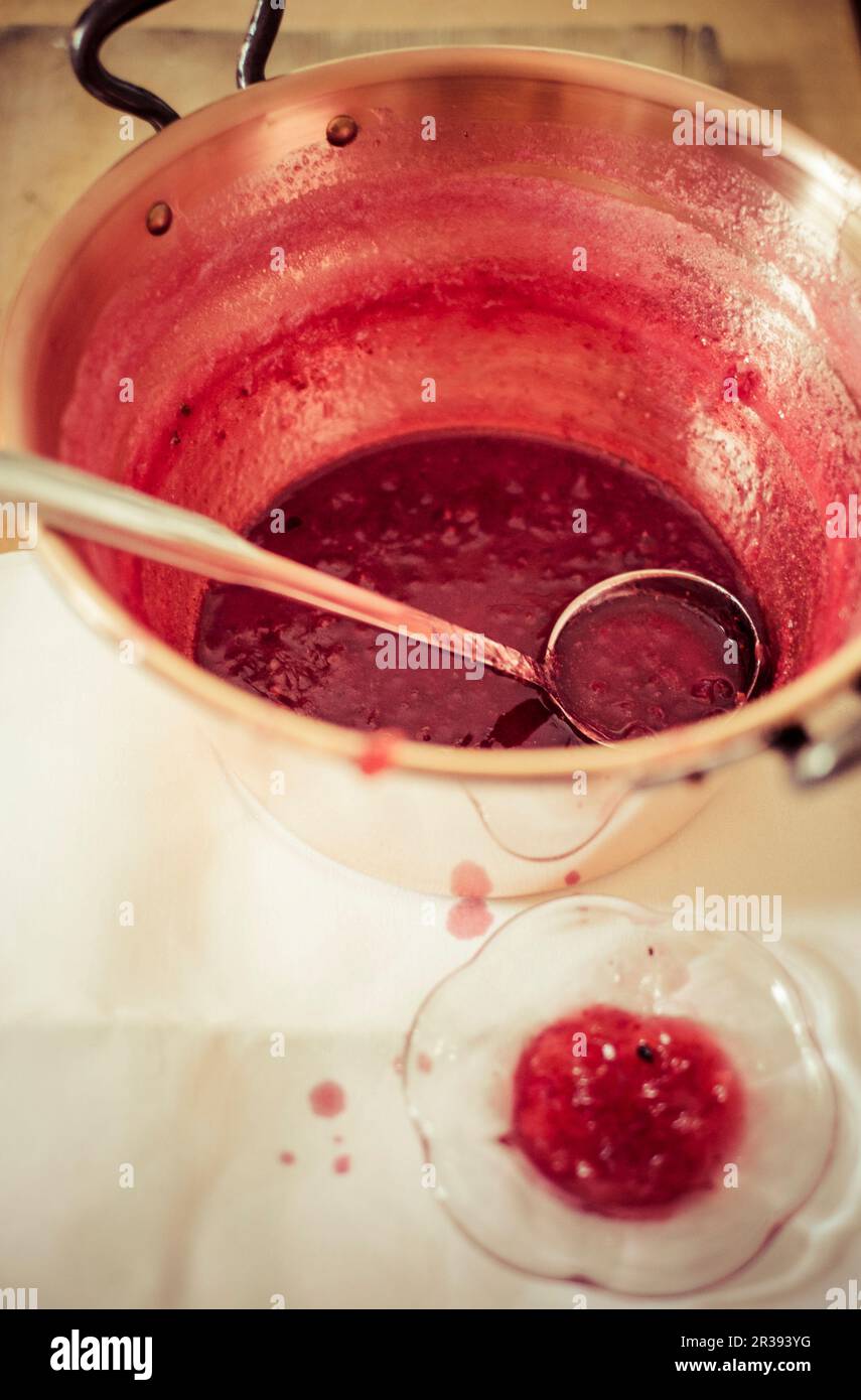 Lingon berry jam being made, setting test Stock Photo - Alamy