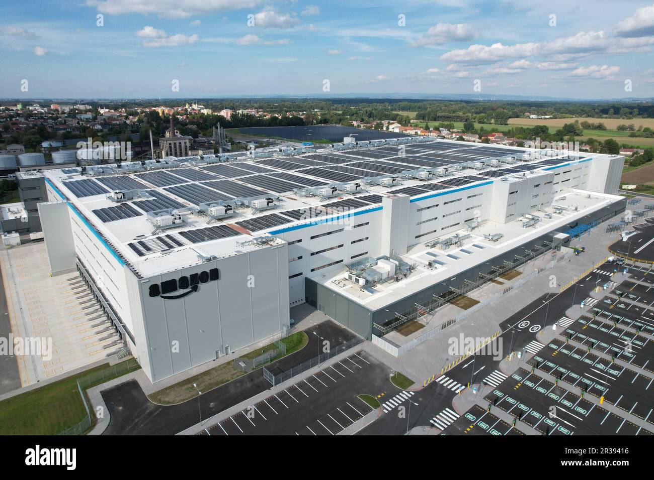 Aerial view of distribution center, drone photo of industrial logistics ...