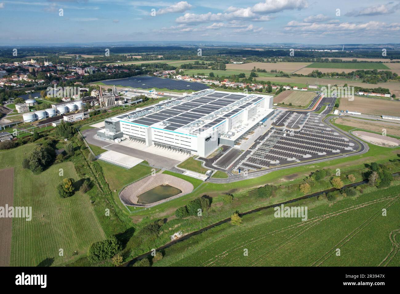 Aerial view of distribution center, drone photo of industrial logistics ...