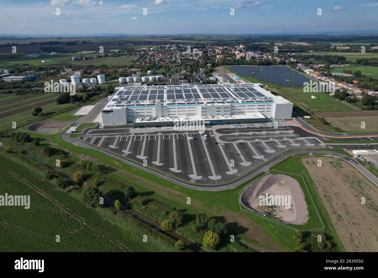 Aerial view of distribution center, drone photo of industrial logistics ...