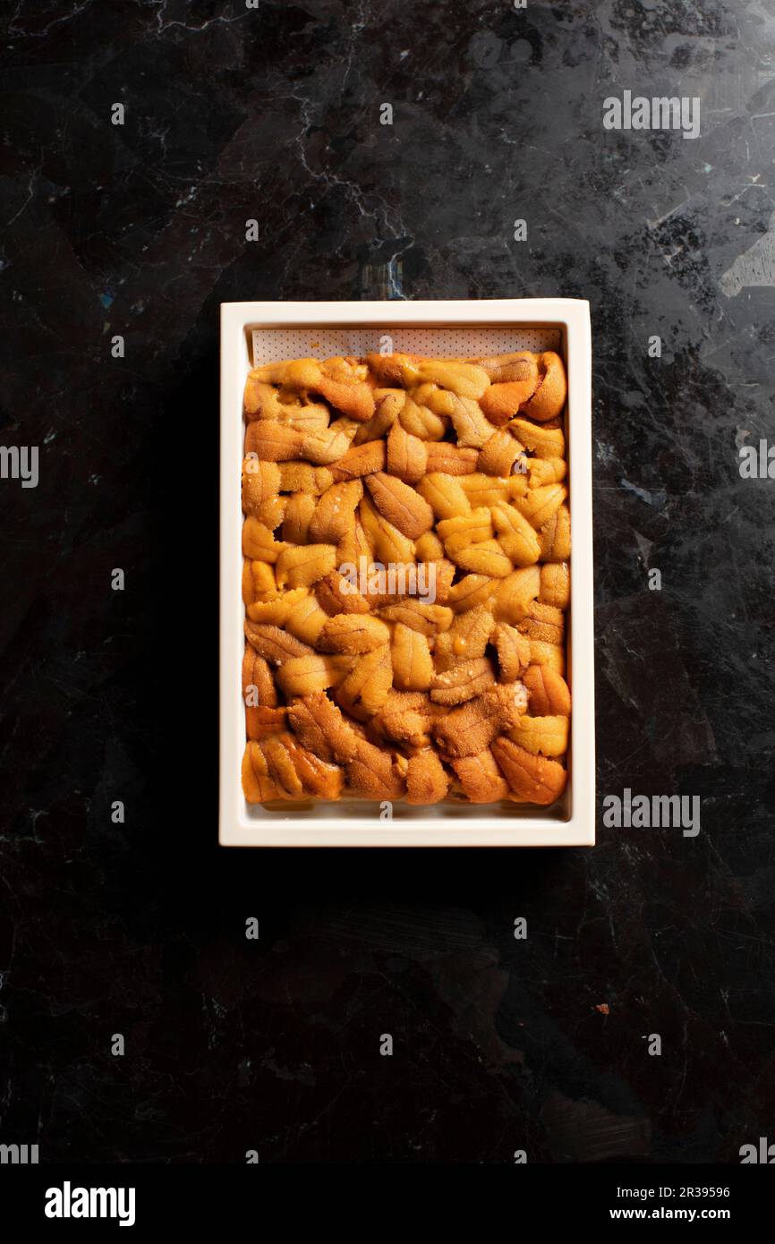 Sea urchin roe in a container Stock Photo - Alamy