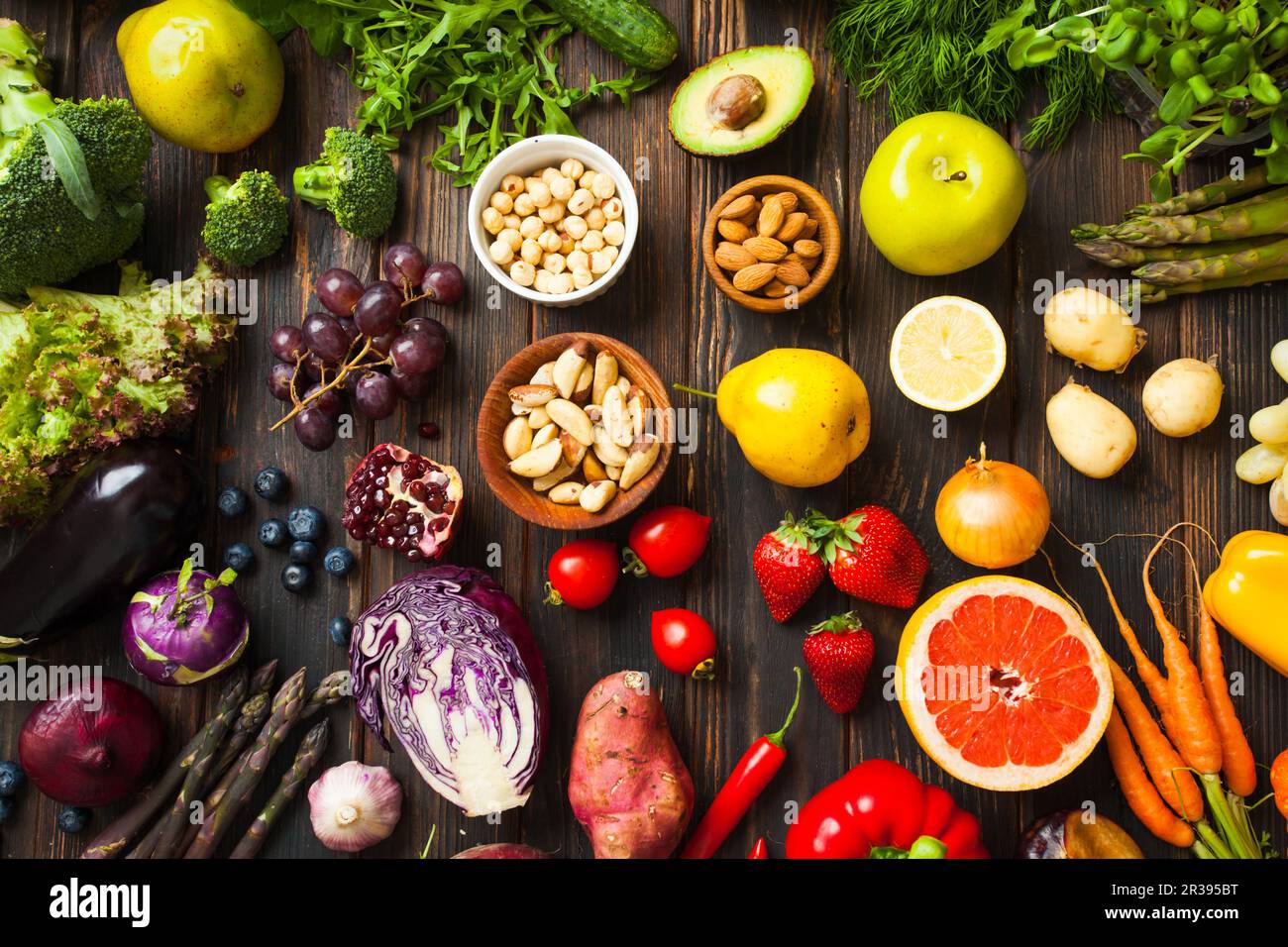 Fruits and vegetables in ranbow colours top view Stock Photo - Alamy