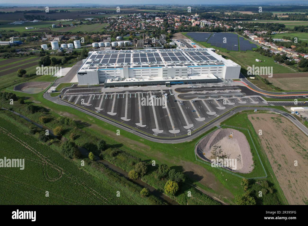 Aerial view of distribution center, drone photo of industrial logistics ...