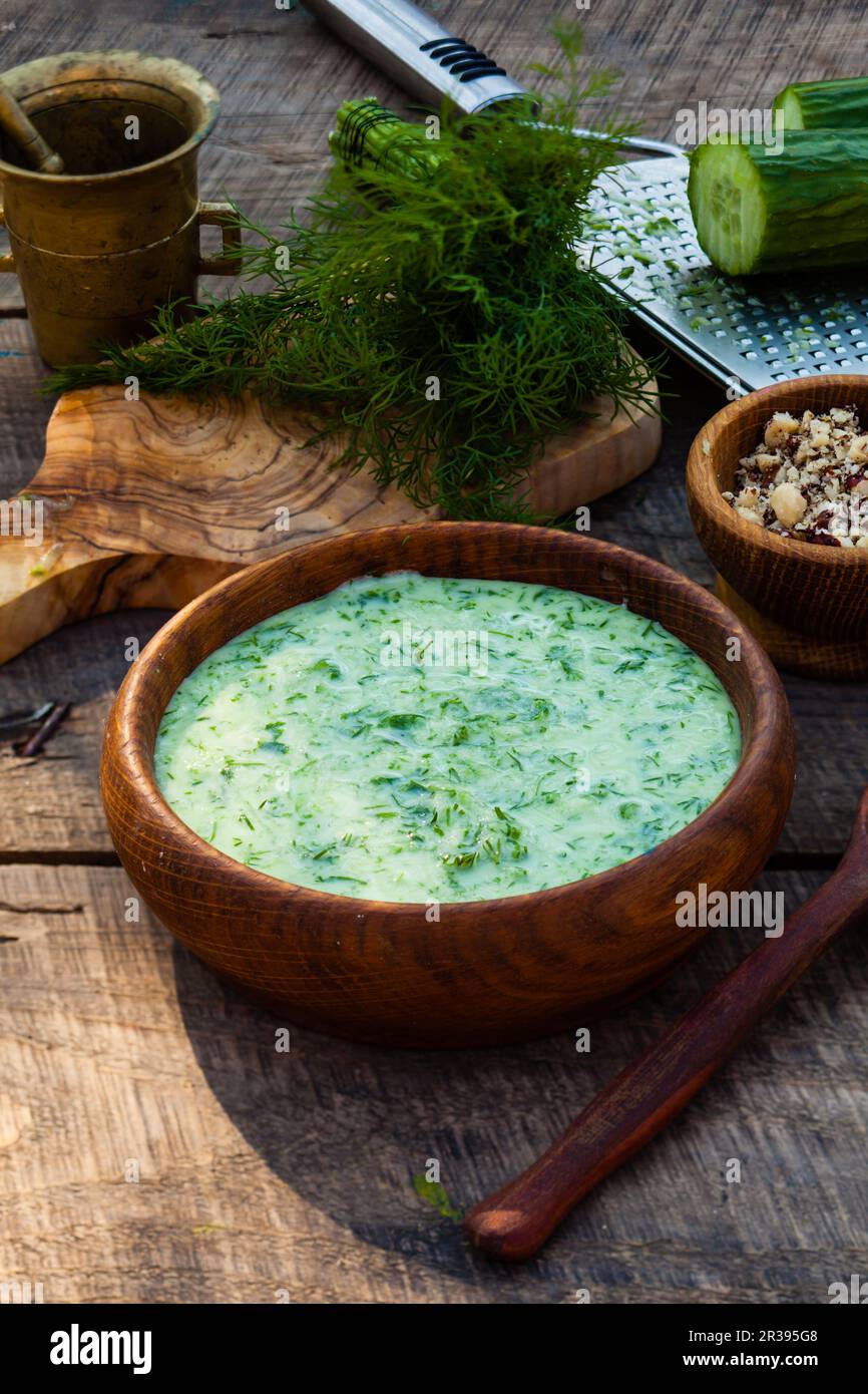 Homemade tarator with ingredients on wooden rustic background Stock ...