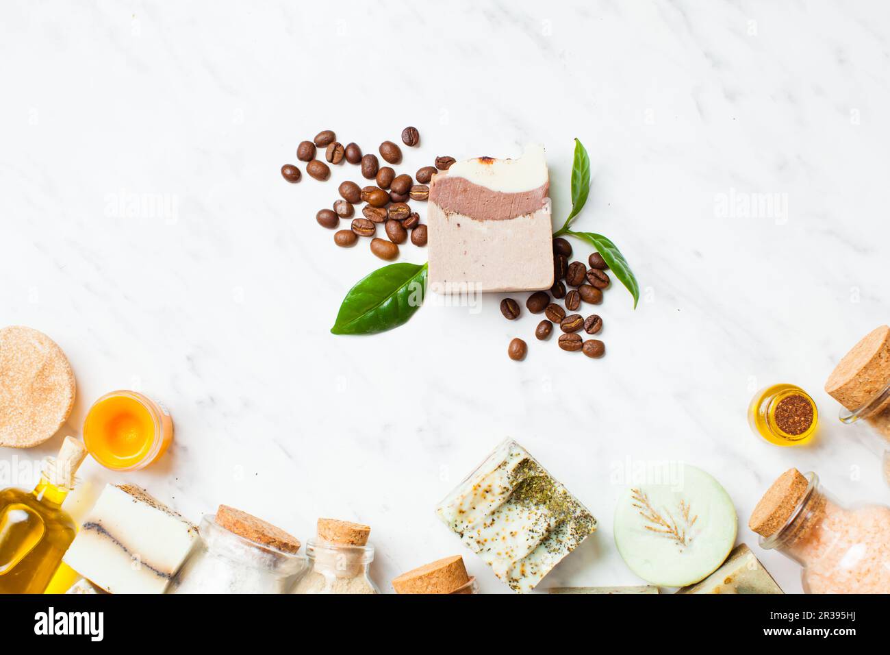 White cosmetics flat lay frame and handmade soap Stock Photo - Alamy