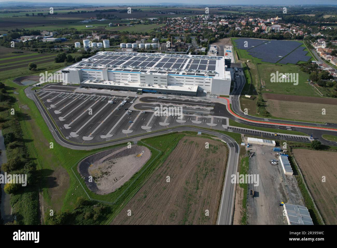 Aerial view of distribution center, drone photo of industrial logistics ...