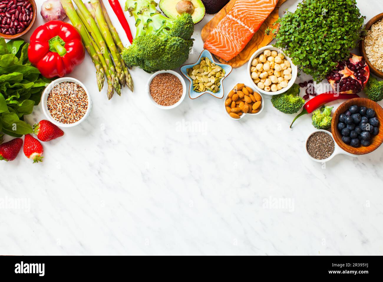 Superfoods on white background. Healthy nutrition border design Stock ...