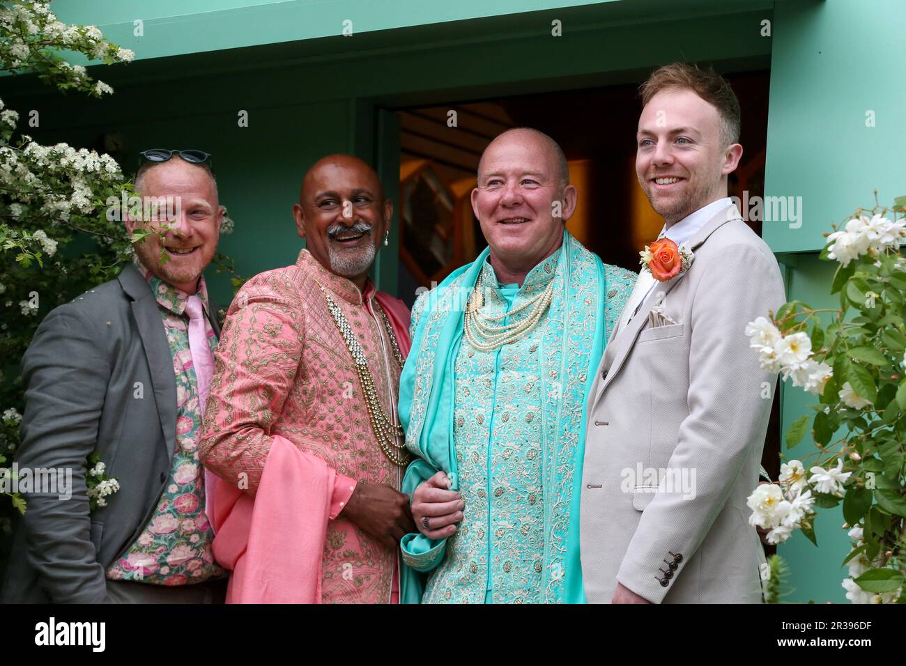 London, UK. 22 May 2023: Manoj Malde, Clive Gillmor with their best men ...