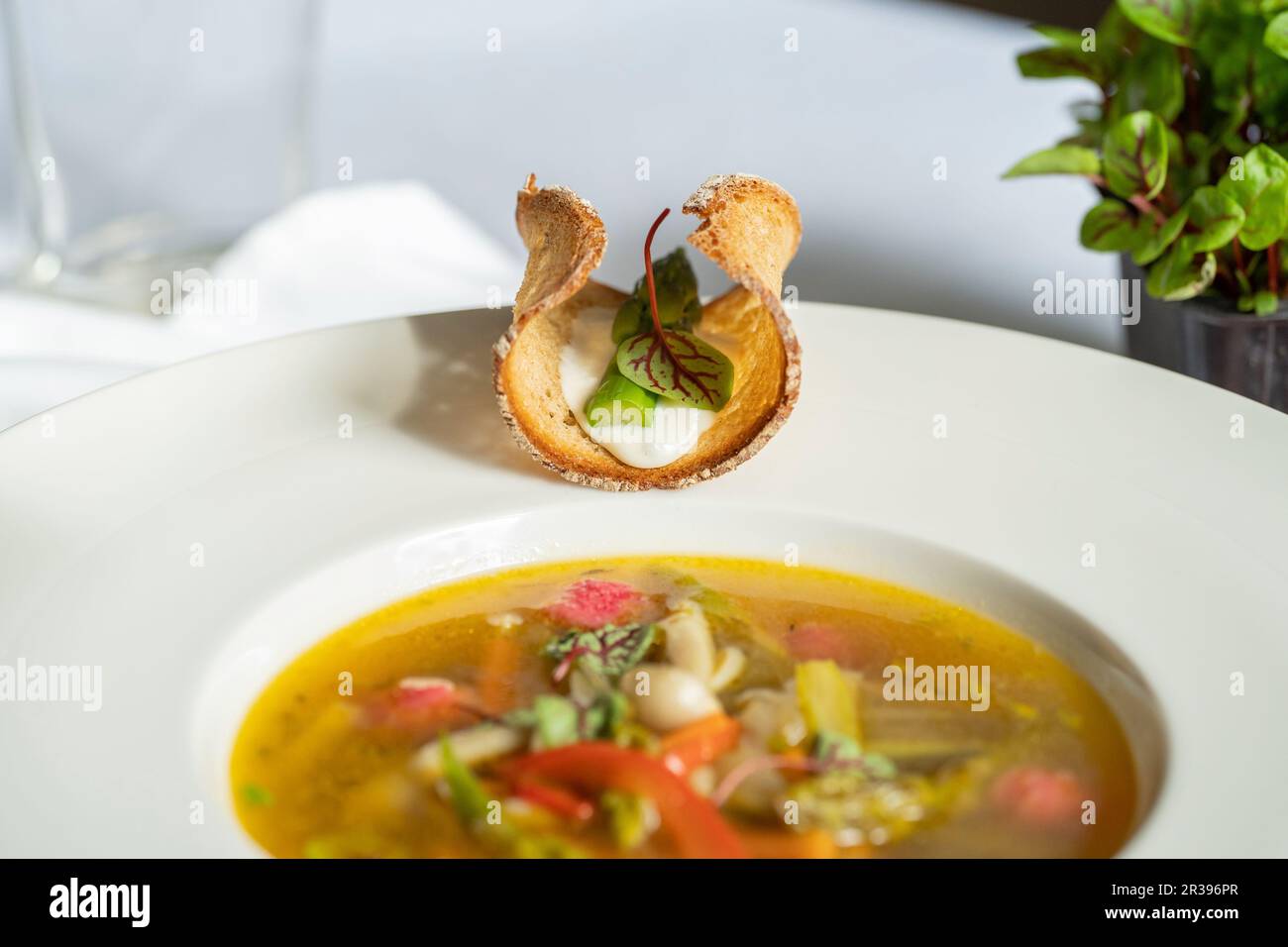 Selective focus of a special toasted bread variation with asparagus ...