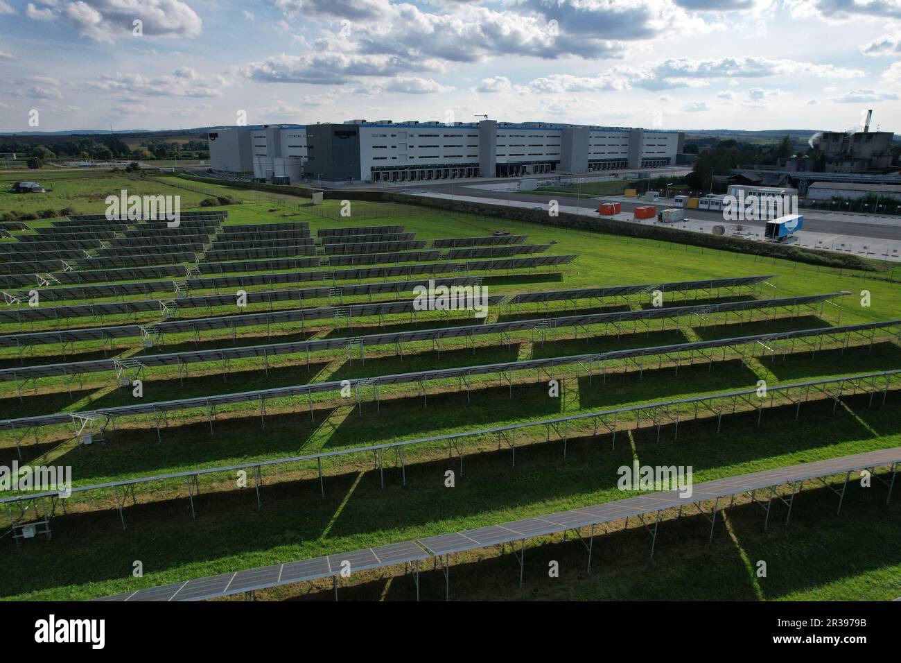 Aerial view of distribution center, drone photo of industrial logistics ...