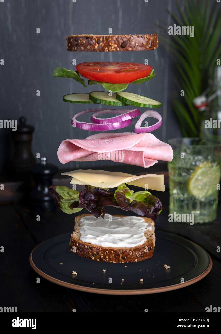 Flying sandwich ingredients Stock Photo - Alamy