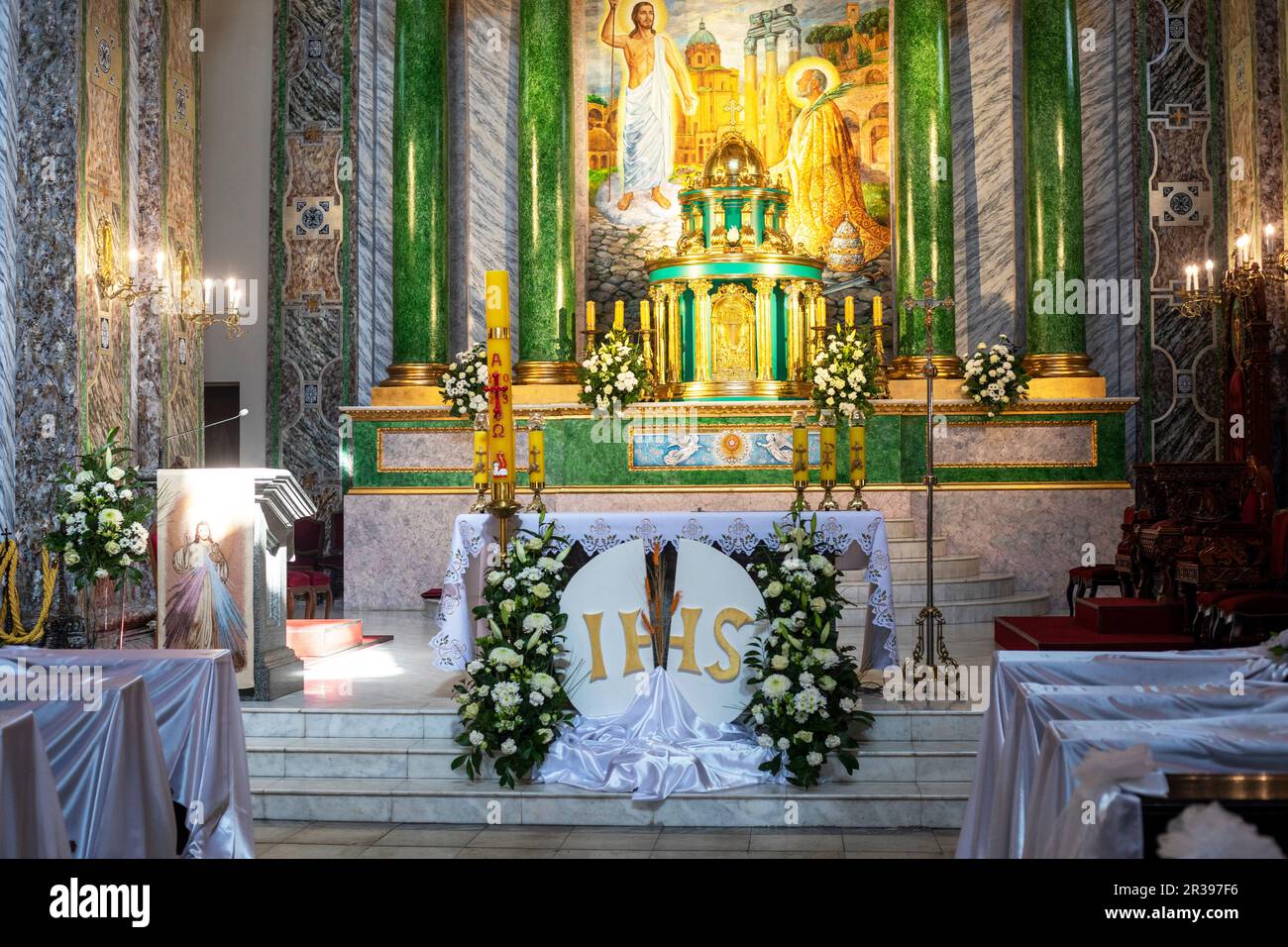 festive interior in the church for the first communion Stock Photo - Alamy