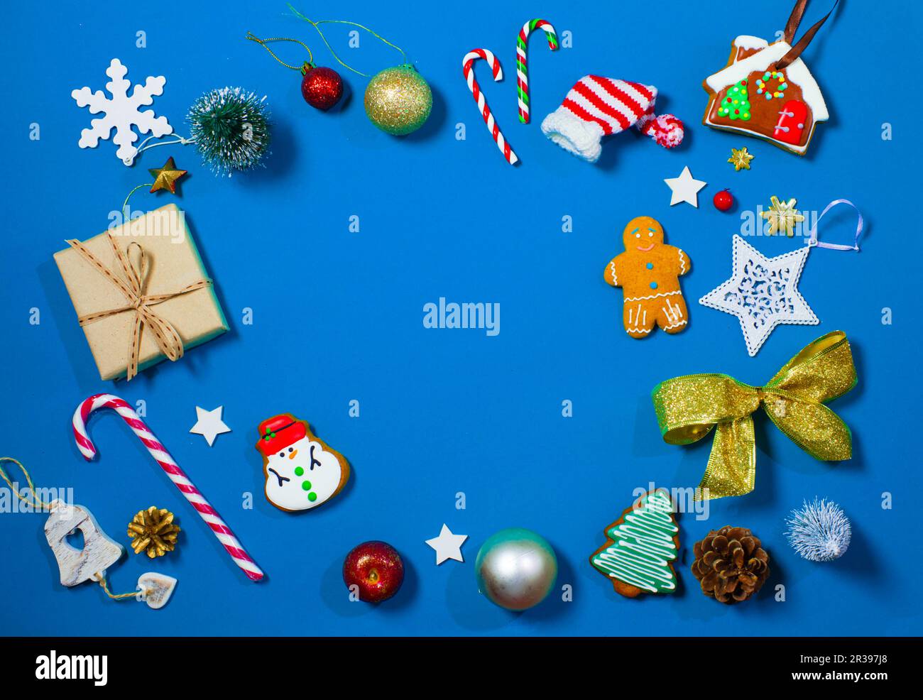 Christmas decorations top view on the blue background Stock Photo - Alamy