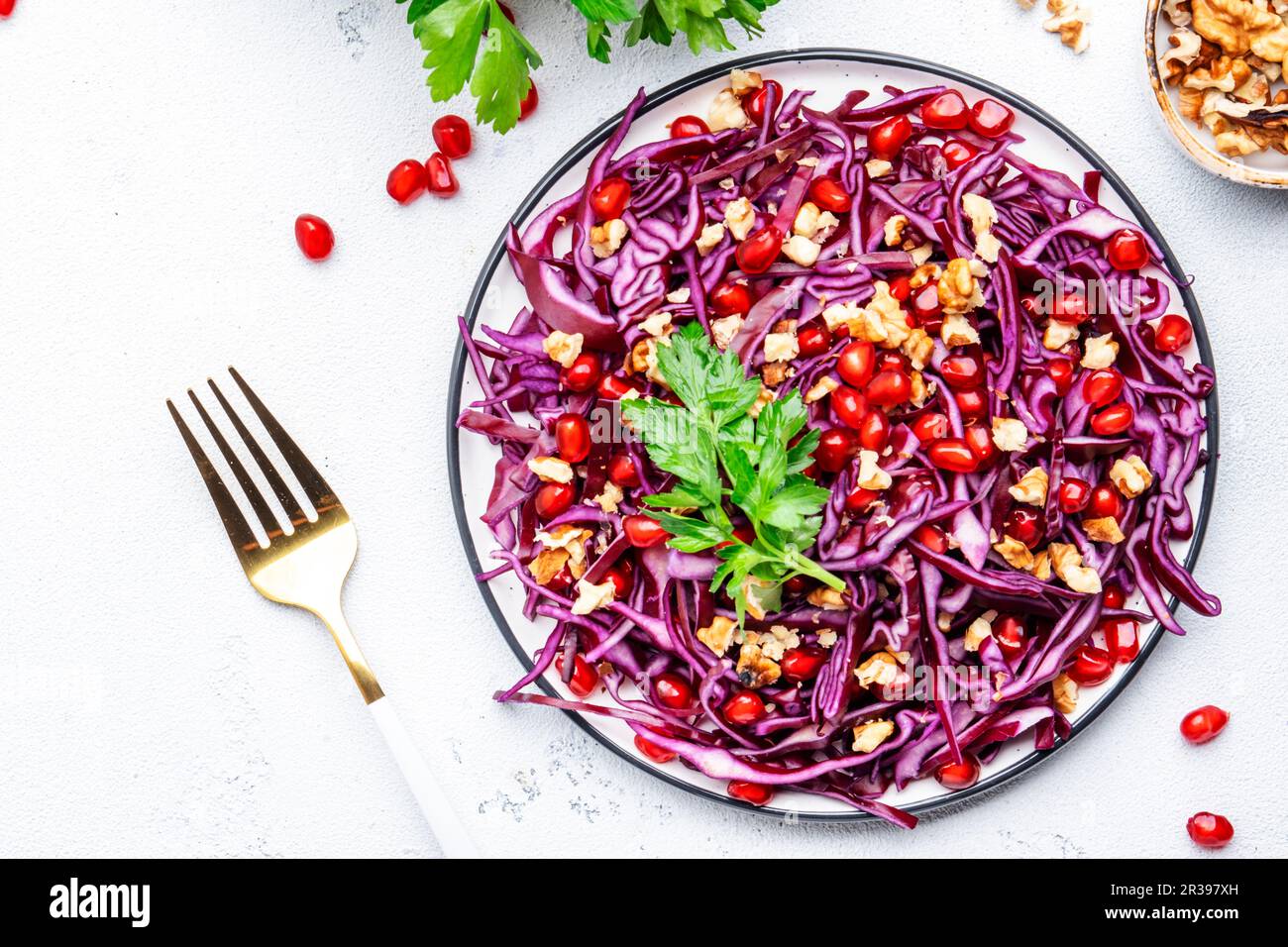 Vegan red cabbage salad with parsley, juicy pomegranate, crunchy ...