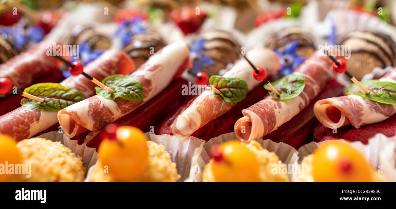 Catering service. Set of beautiful canapes. Buffet table. Shallow depth ...