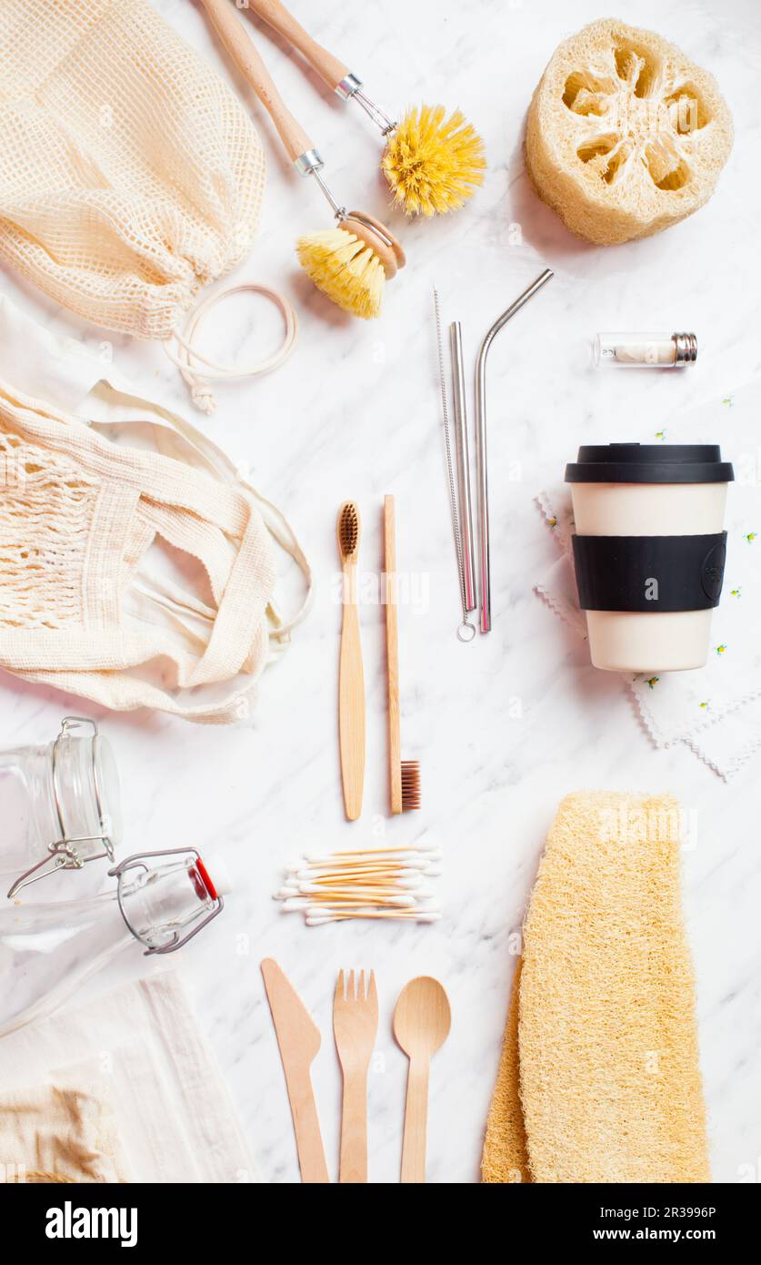 Zero waste set on light marble background Stock Photo - Alamy