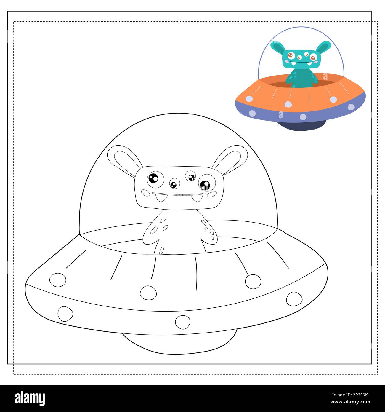 Coloring book for kids, cartoon monsters, aliens in a flying saucer ...