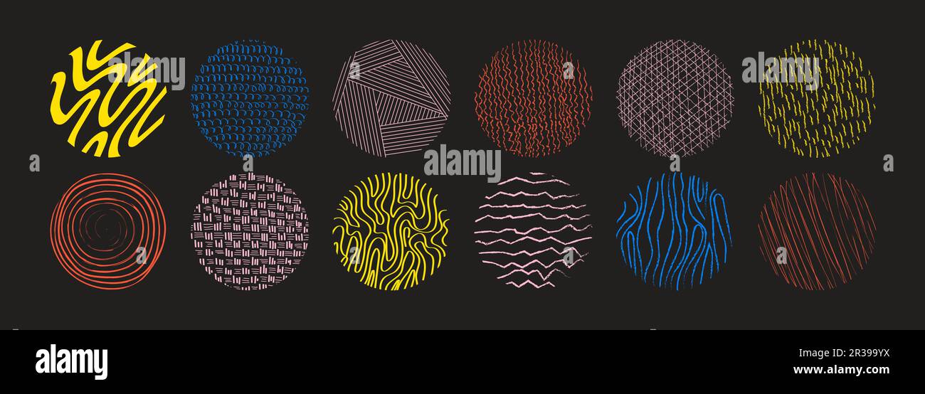 Abstract circle shapes with loop, drops, spots, curves, lines and waves ...