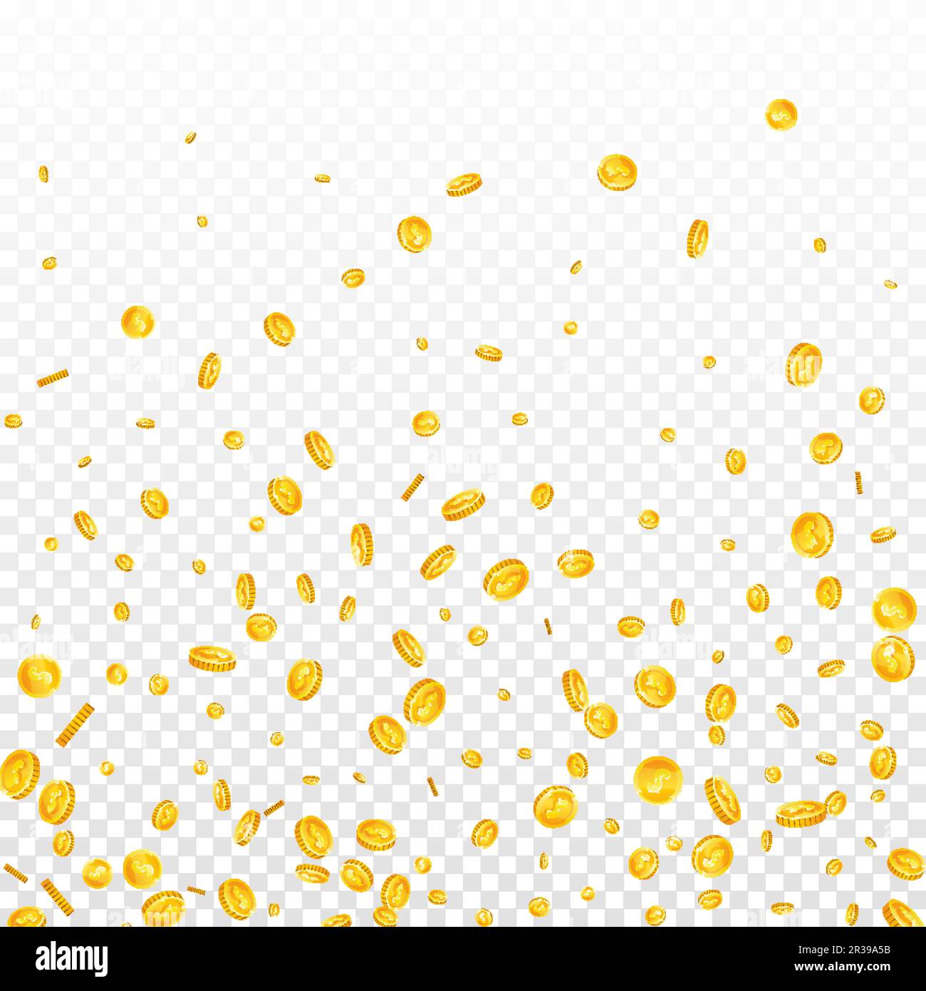 American dollar coins falling. Scattered gold USD coins. USA money ...