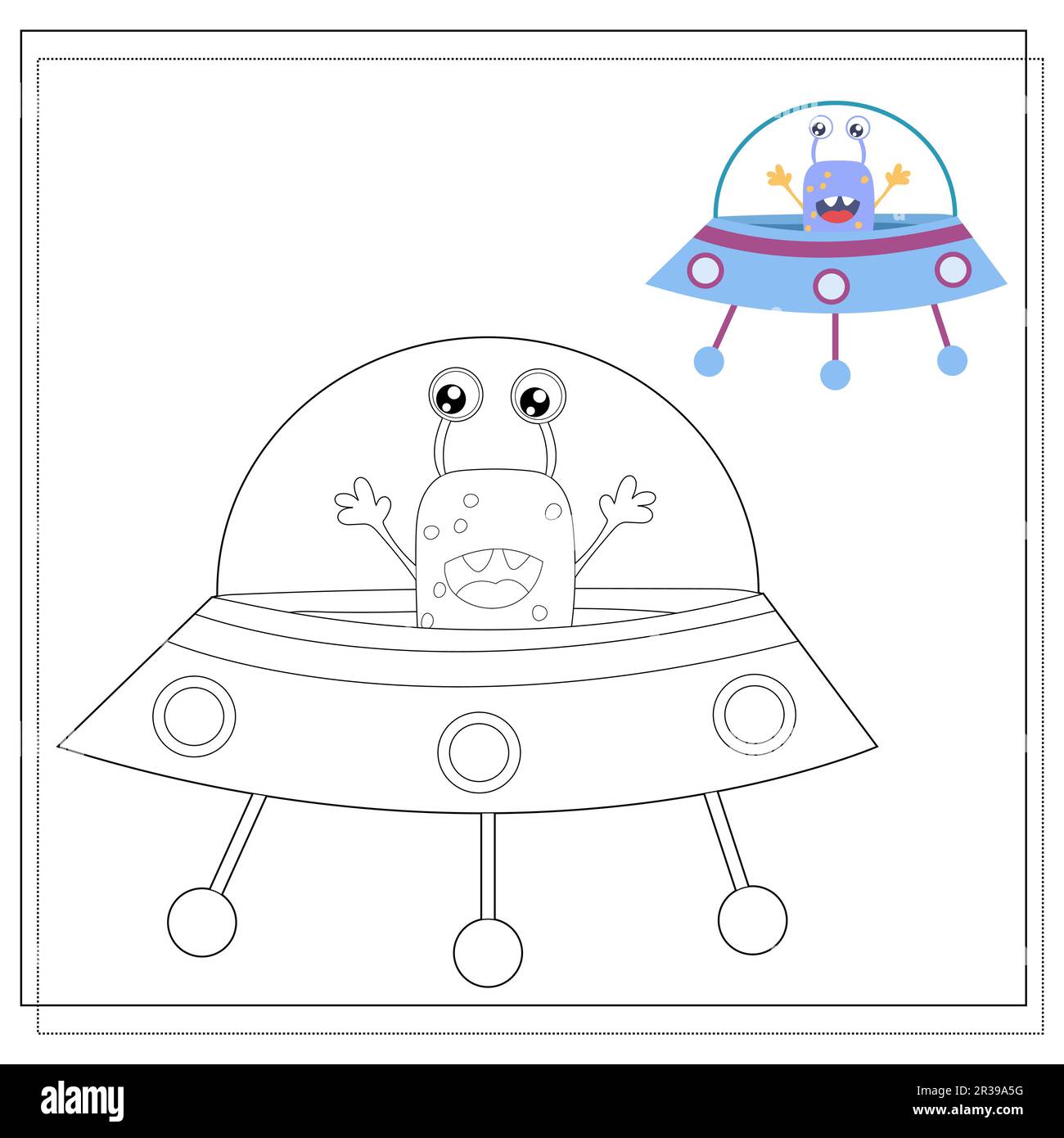 Coloring book for kids, cartoon monsters, aliens in a flying saucer ...