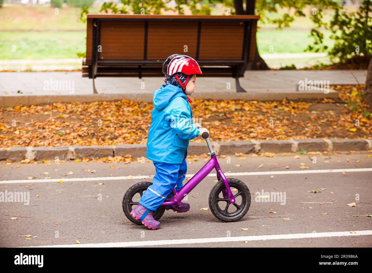 Three years boy is riding on balance bike at the cycle track Stock ...